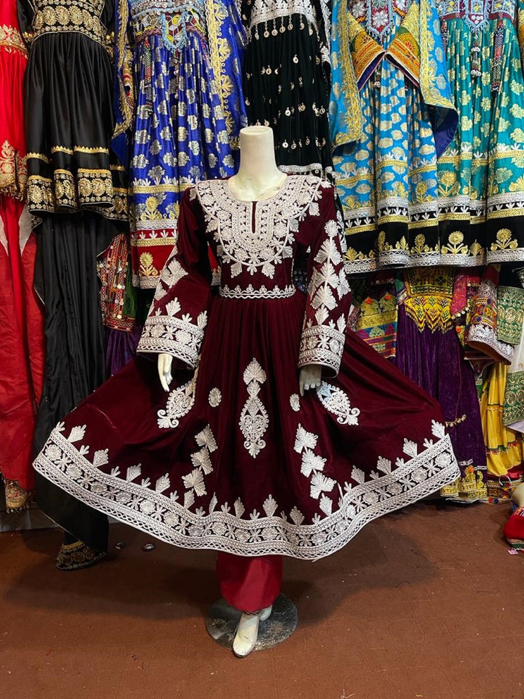 Afghan Kuchi Traditional Handmade Mehroon Dress With Embroidery - Etsy