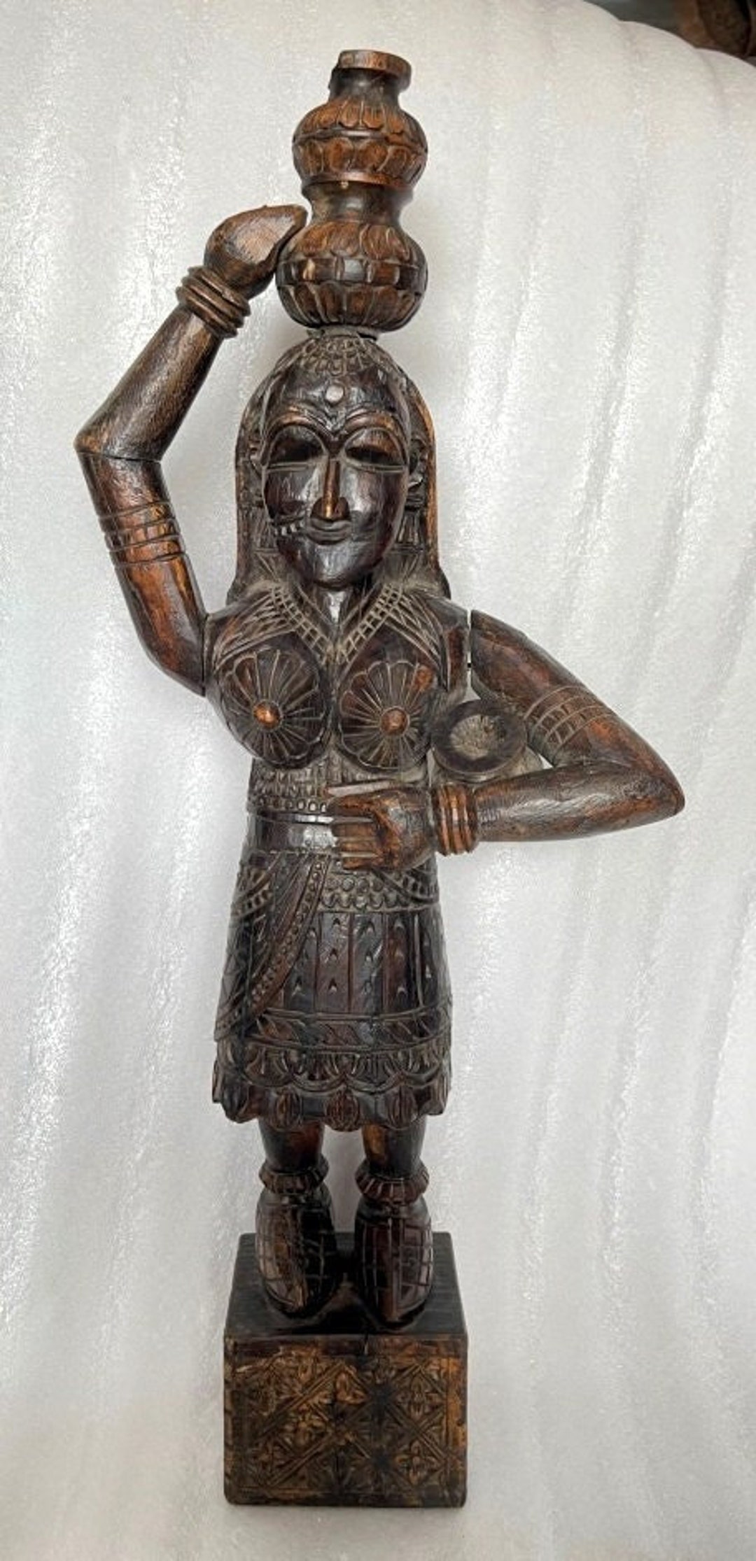 Old Wooden Hand Carved Beautiful Lady Statue With Carrying Water Pot ...