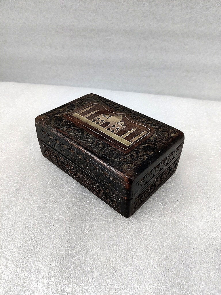 Antique Wooden Jewelry Islamic Mughal Box Old Hand Carved Brass Taj ...