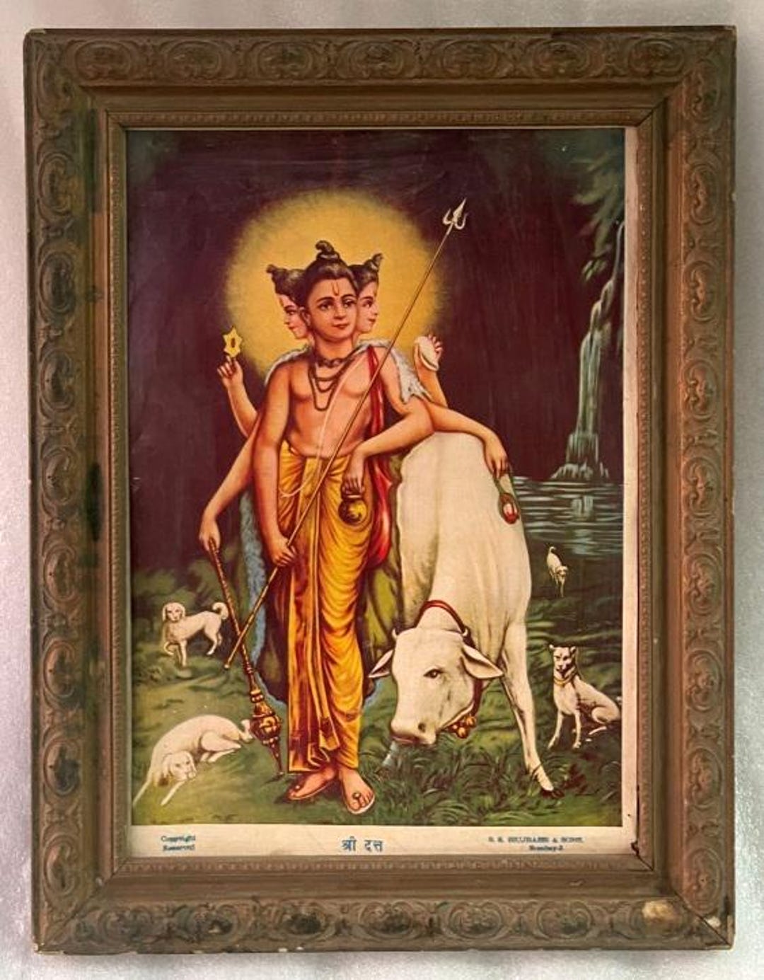 Antique Old Rare Hindu God Litho Print God Datta Cow Print With Frame ...