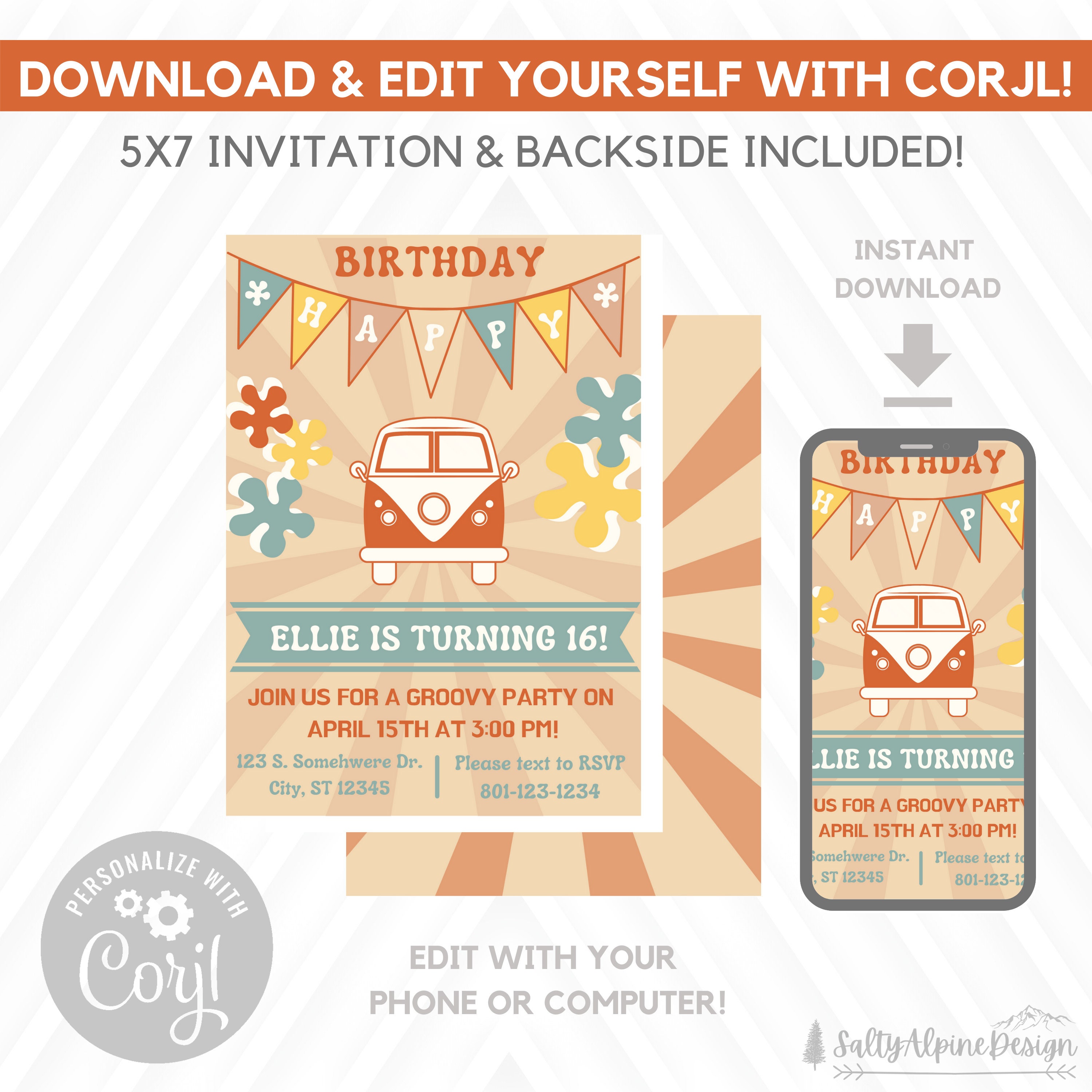 Groovy 1970's Retro Van Birthday Invitation - Digital Download ...