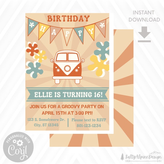Groovy 1970's Retro Van Birthday Invitation Digital | Etsy