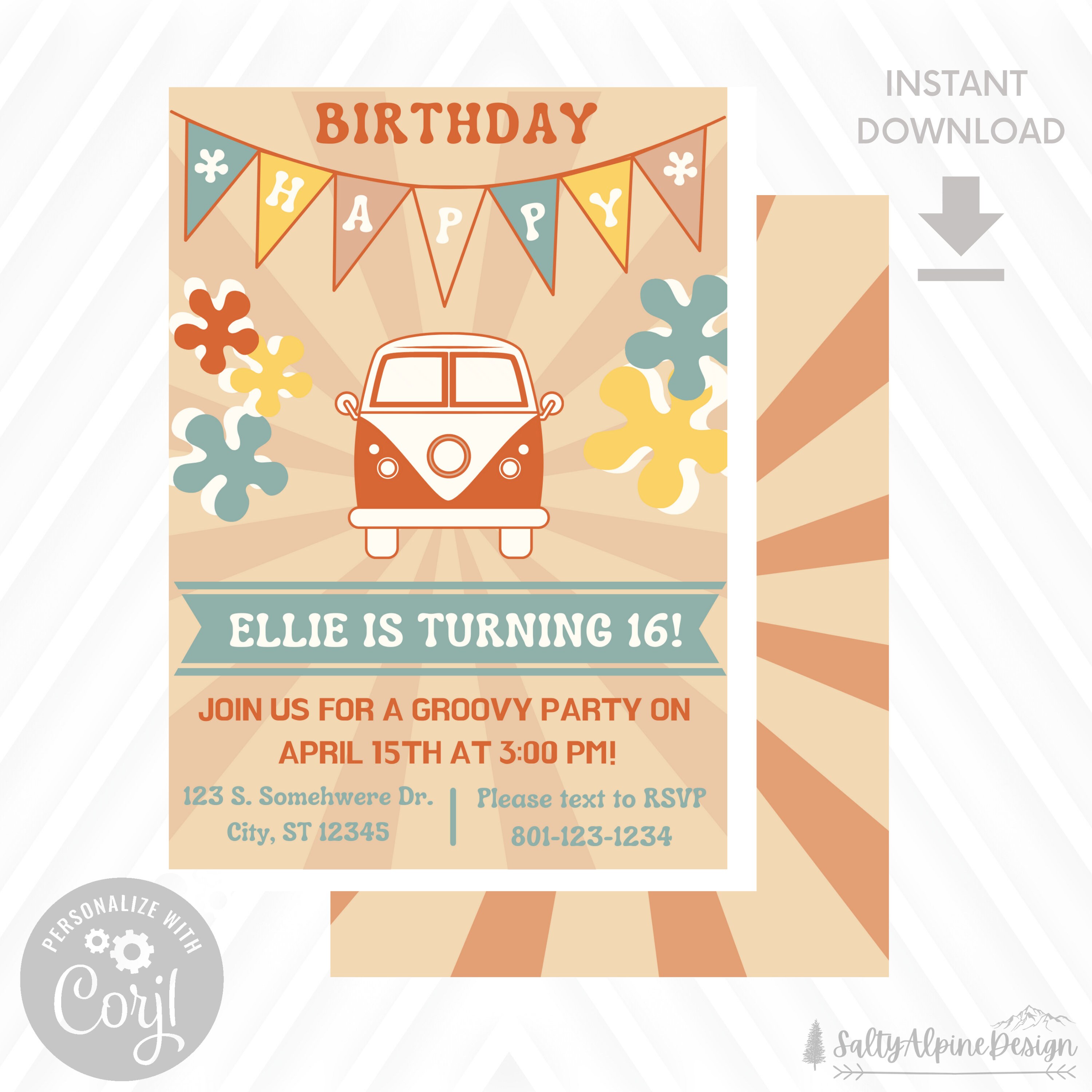 Groovy 1970's Retro Van Birthday Invitation - Digital Download ...