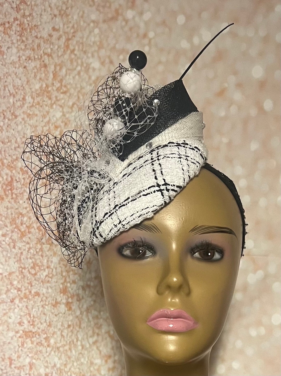 Black and White Striped Tweed Fascinator Half Hat for Church Head ...