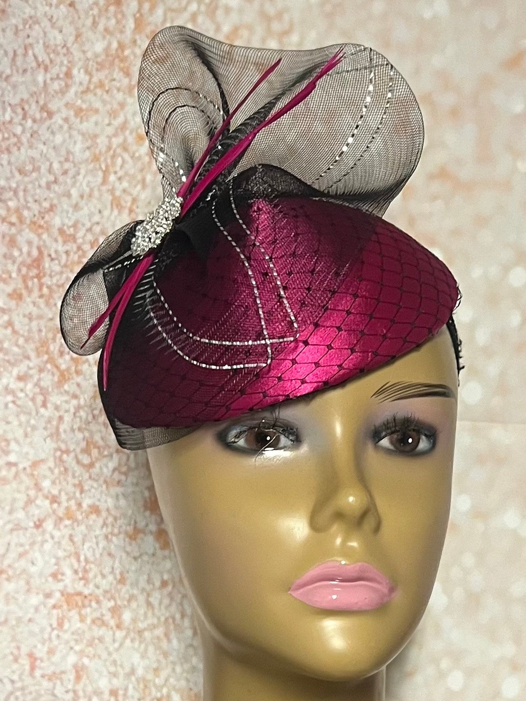 Pink and Black Satin Fascinator Half Hat for Church Head Covering, Tea ...