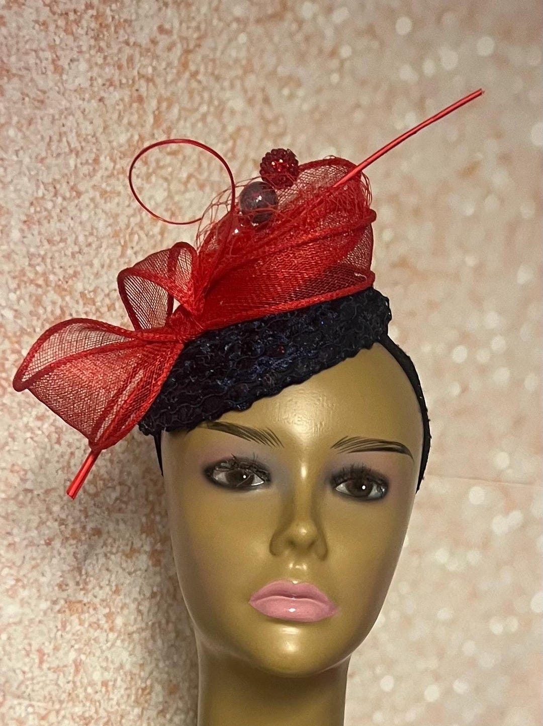 Navy Blue and Red Circle Half Hat Fascinator for Church Head Covering ...