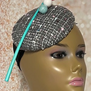 Gray Tweed Fascinator Half Hat, Button Pillbox Half Hat for Church Head ...