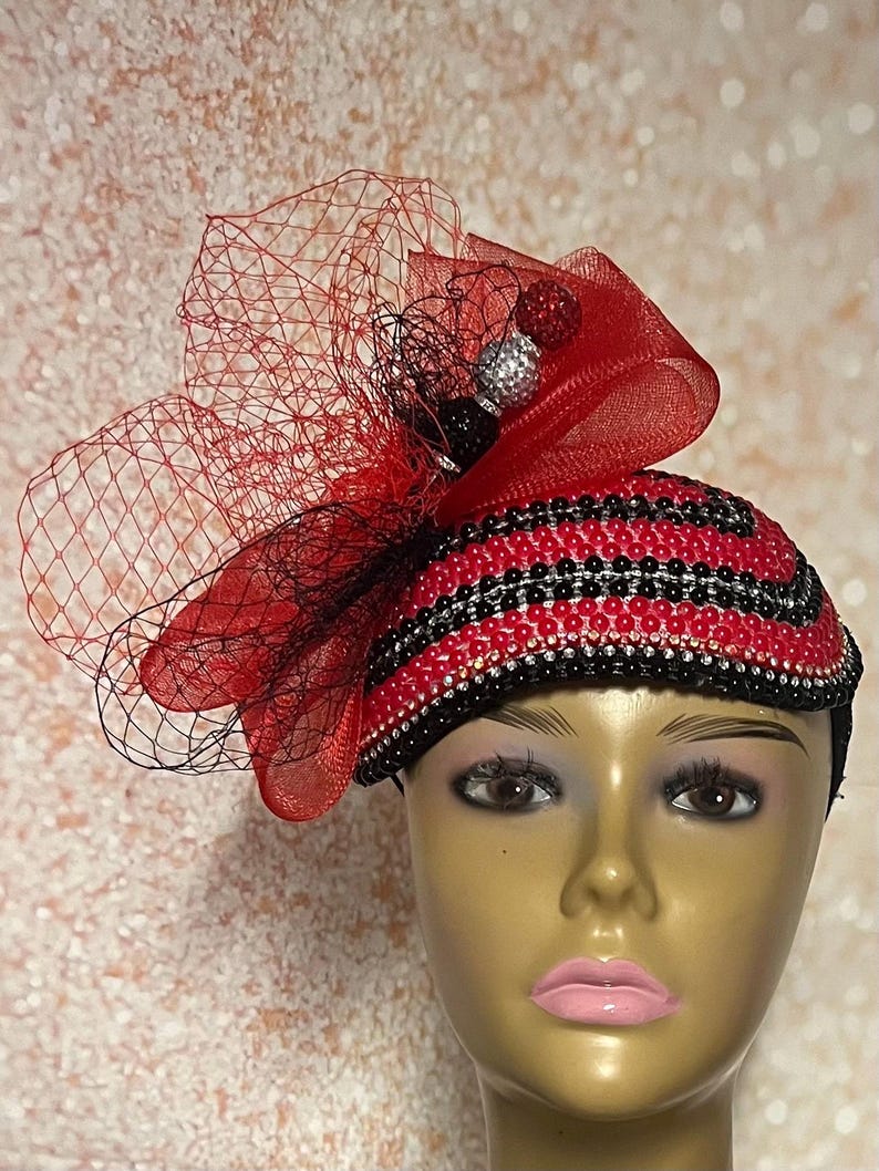 Red Black and Silver Beaded Half Hat Fascinator for Weddings, Church ...