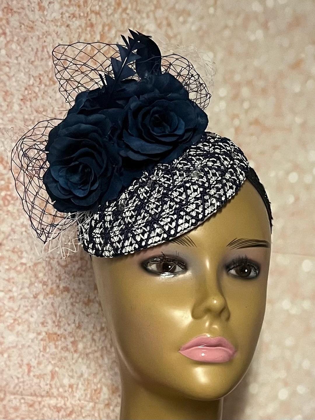 Navy Blue and White Circle Button Half Hat Fascinator for Church Head ...