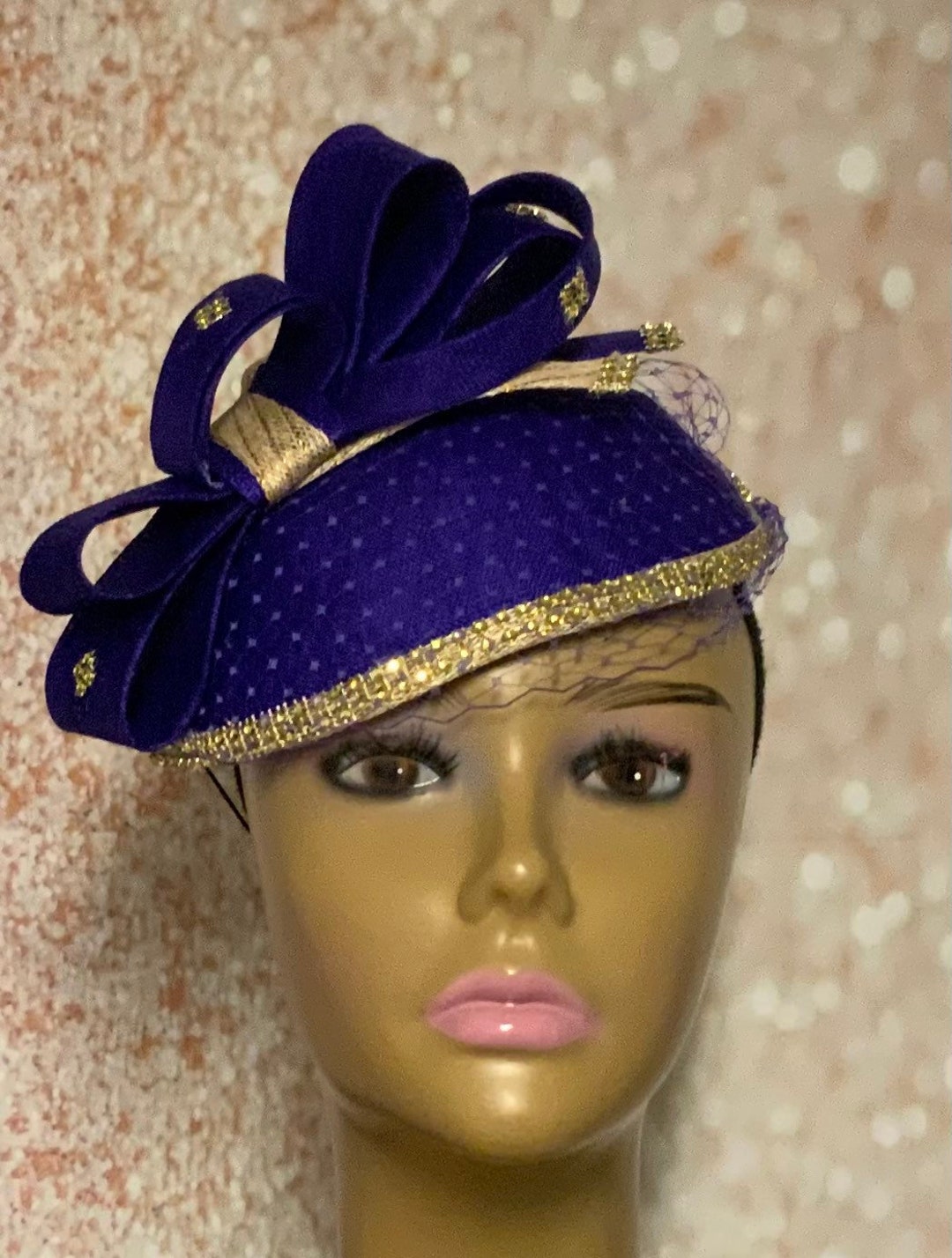 Purple and Gold Fascinator Half Hat for Church Head Covering, Wedding ...