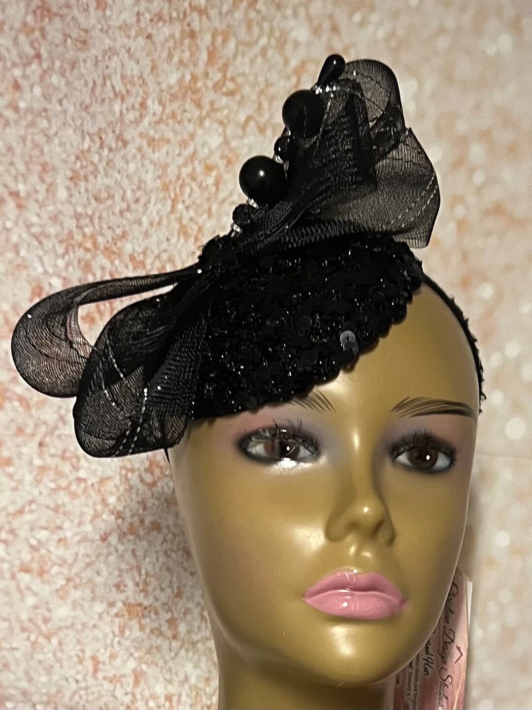 Black Small Sequin Button Fascinator Half Hat for Church Head Covering ...