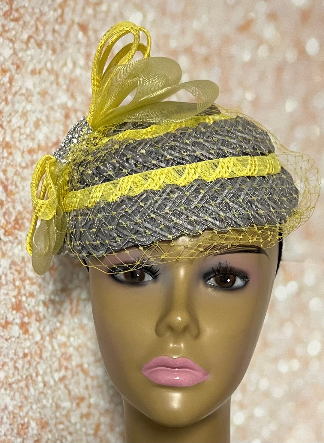 Yellow and Gray Fascinator Half Hat Church Head Covering - Etsy