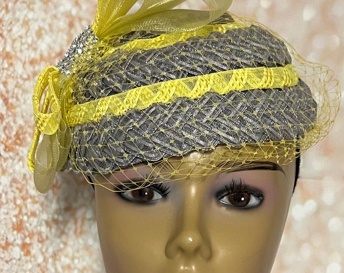 Yellow and Gray Fascinator Half Hat Church Head Covering - Etsy