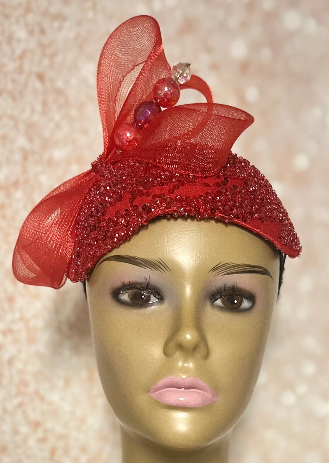 Red Formal Women Pillbox Church Hat, Red Beaded Lace Tea Party Half Hat ...