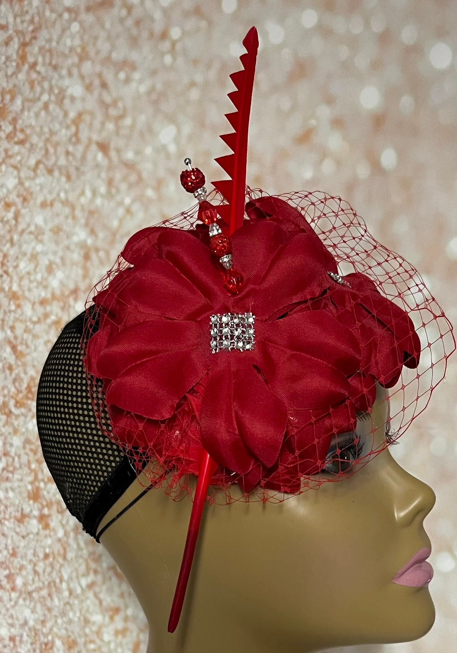 Red Flower Fascinator Half Hat, Weddings, Church, Tea Parties, and ...