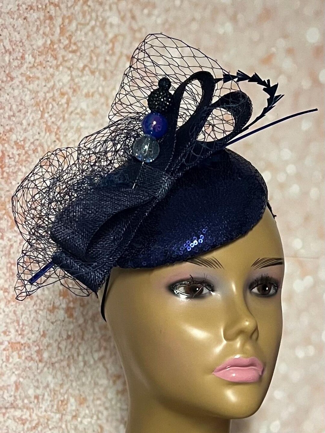 Navy Blue Sequins Sinamay Half Hat Fascinator for Church Head Covering ...