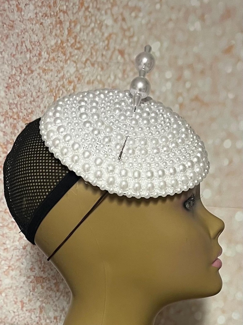 White Beaded Pearl Button Half Hat Fascinator for Weddings, Church and ...