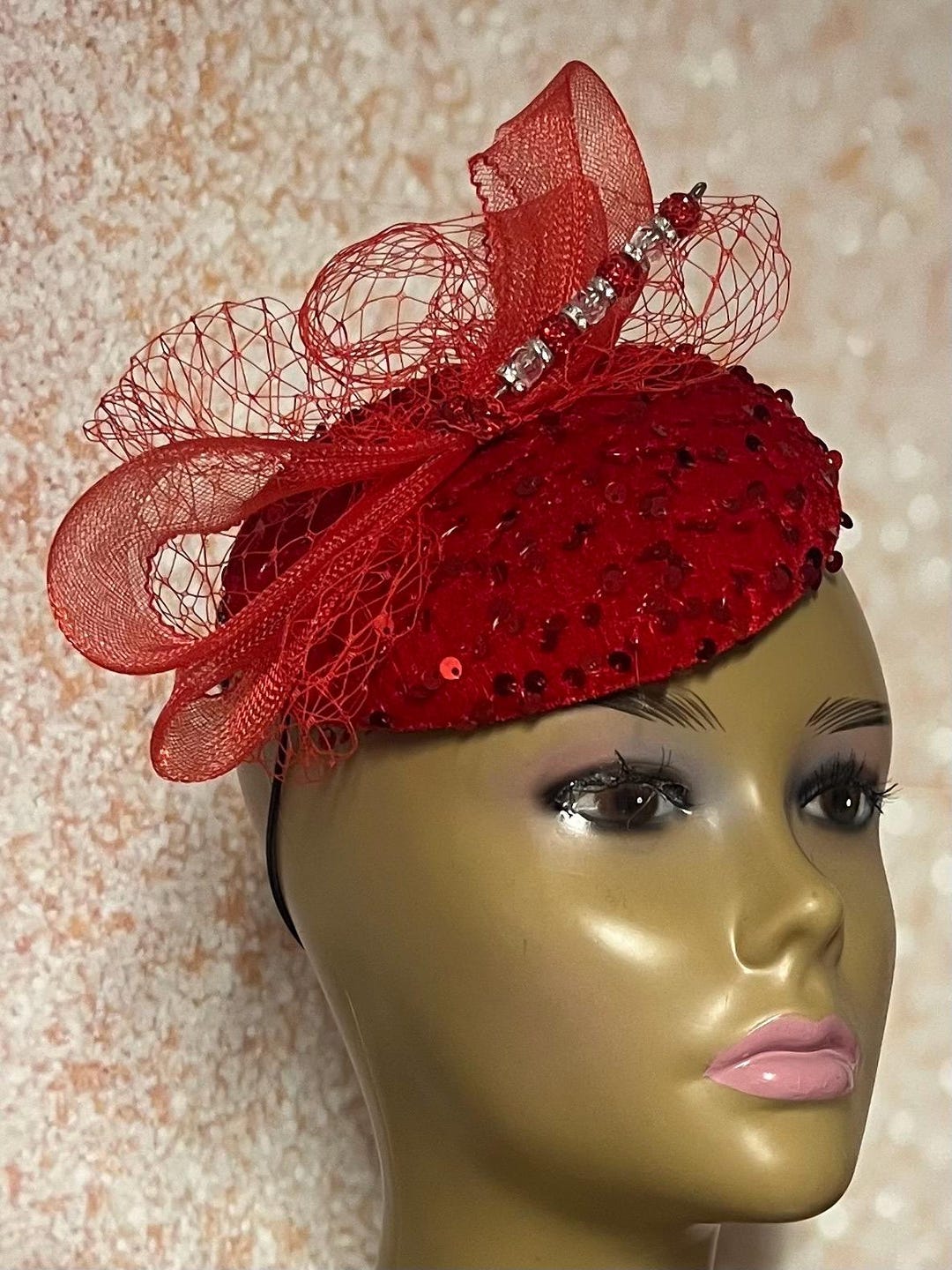 Red Sequin Circle Fascinator Half Hat for Church, Tea Party, Weddings ...