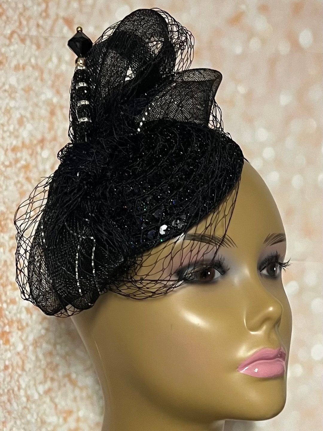 Black Sequin Lace Small Button Fascinator Half Hat for Church Head ...