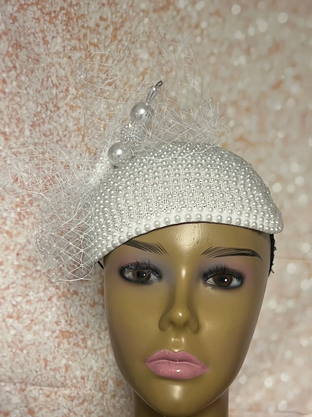 White Beaded Half Hat Fascinator for Weddings, Church and Special ...