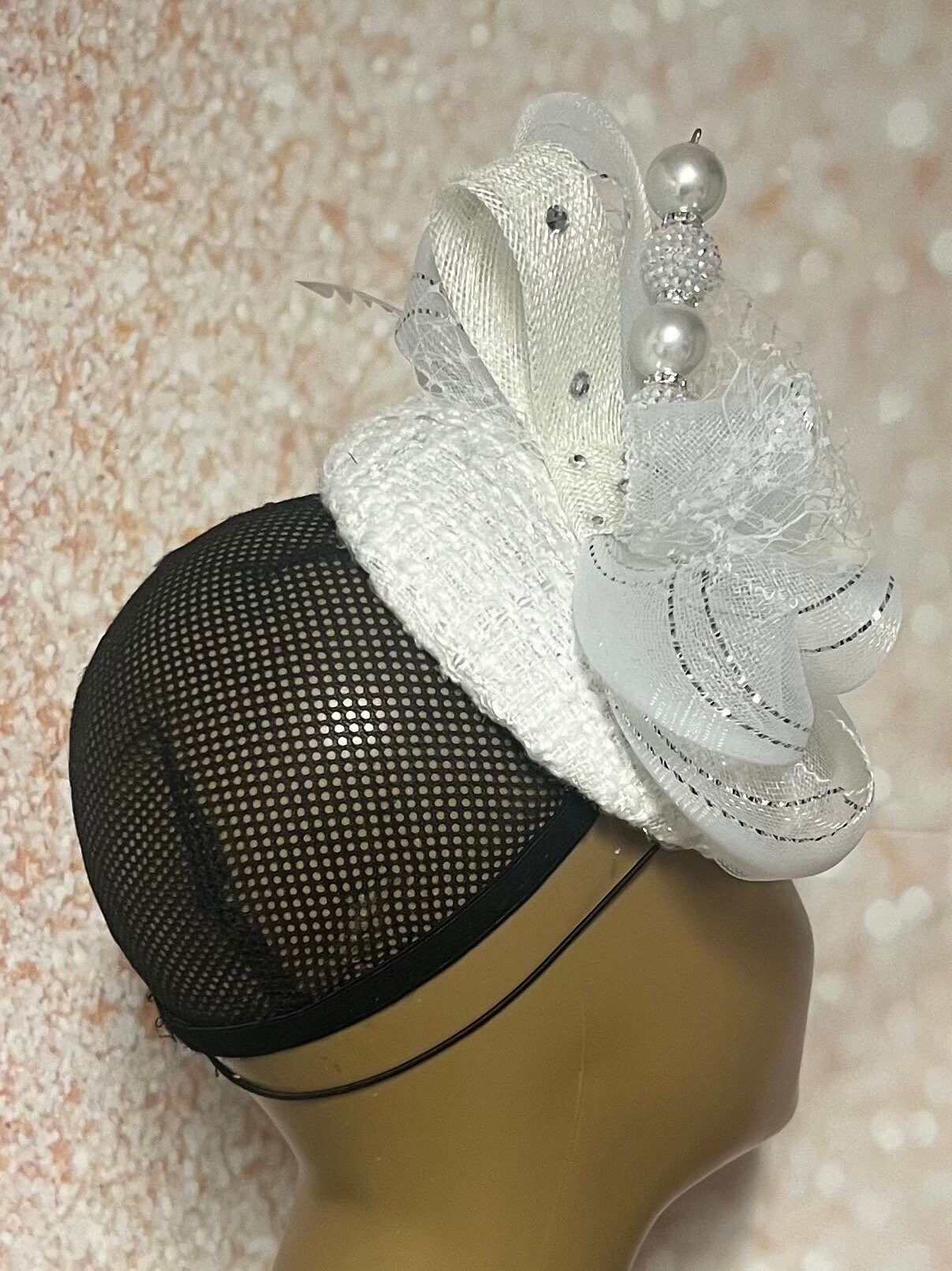 White Tweed Button Half Hat Fascinator for Weddings, Church and Special ...
