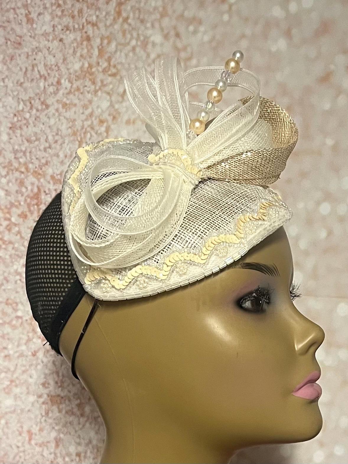 Cream/off White Sequin Fascinator Half Hat, Church Head Covering, Tea ...