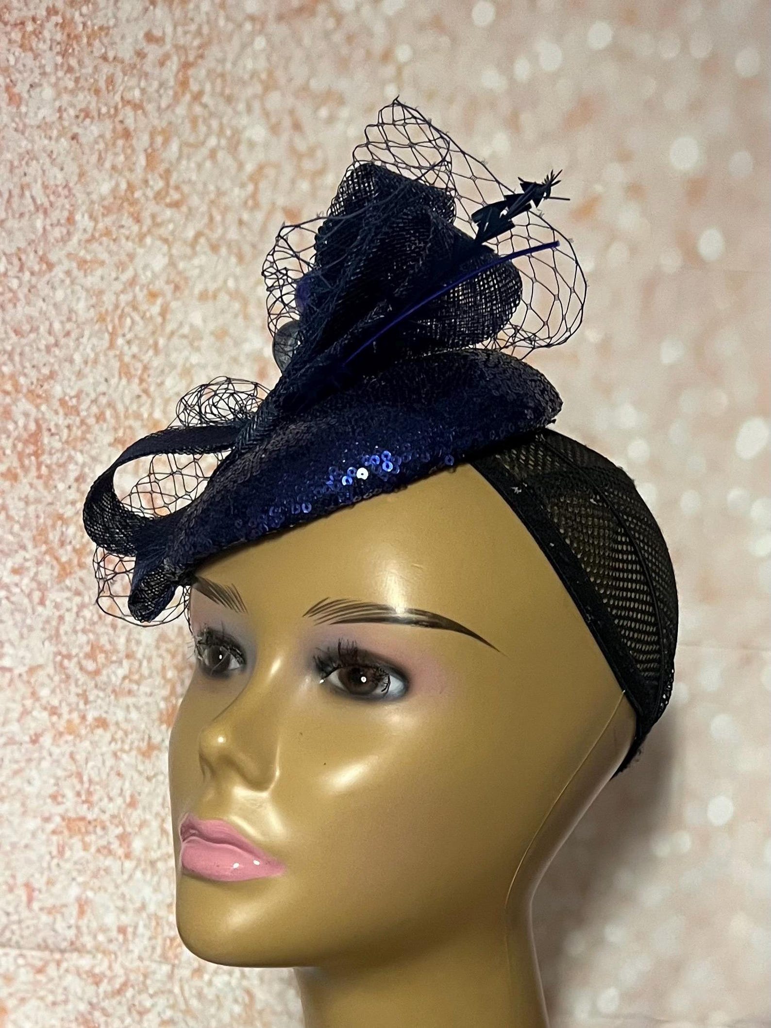 Navy Blue Sequins Sinamay Half Hat Fascinator for Church Head Covering ...