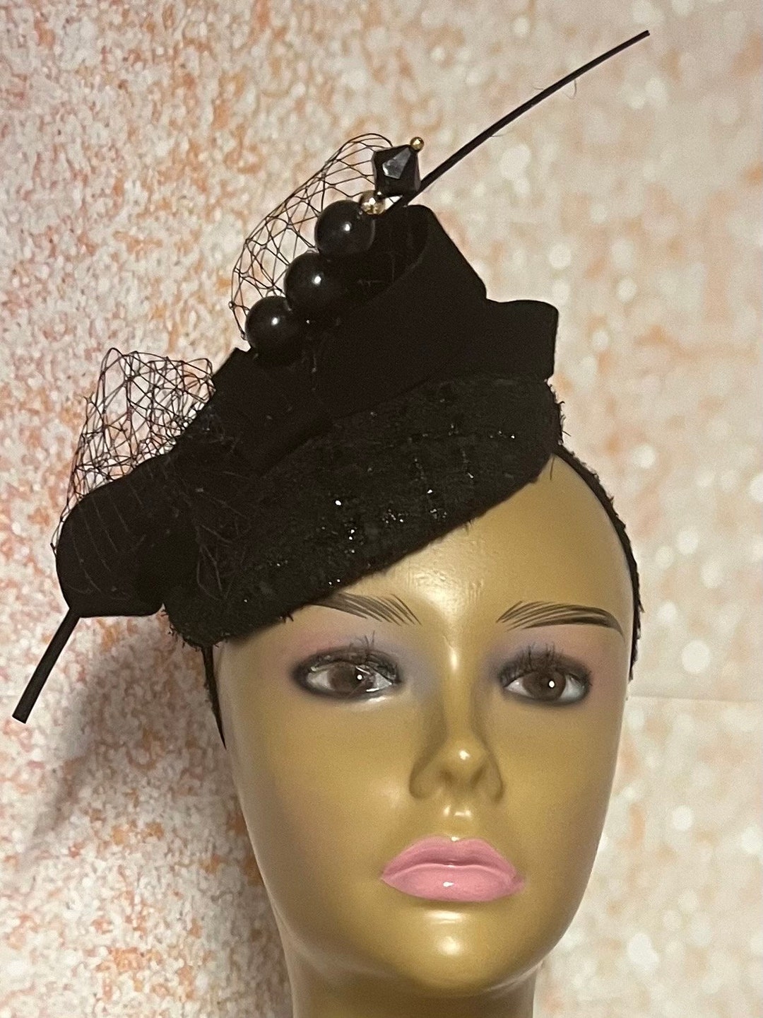 Black Tweed and Felt Fascinator Half Hat for Church Head Covering, Tea ...