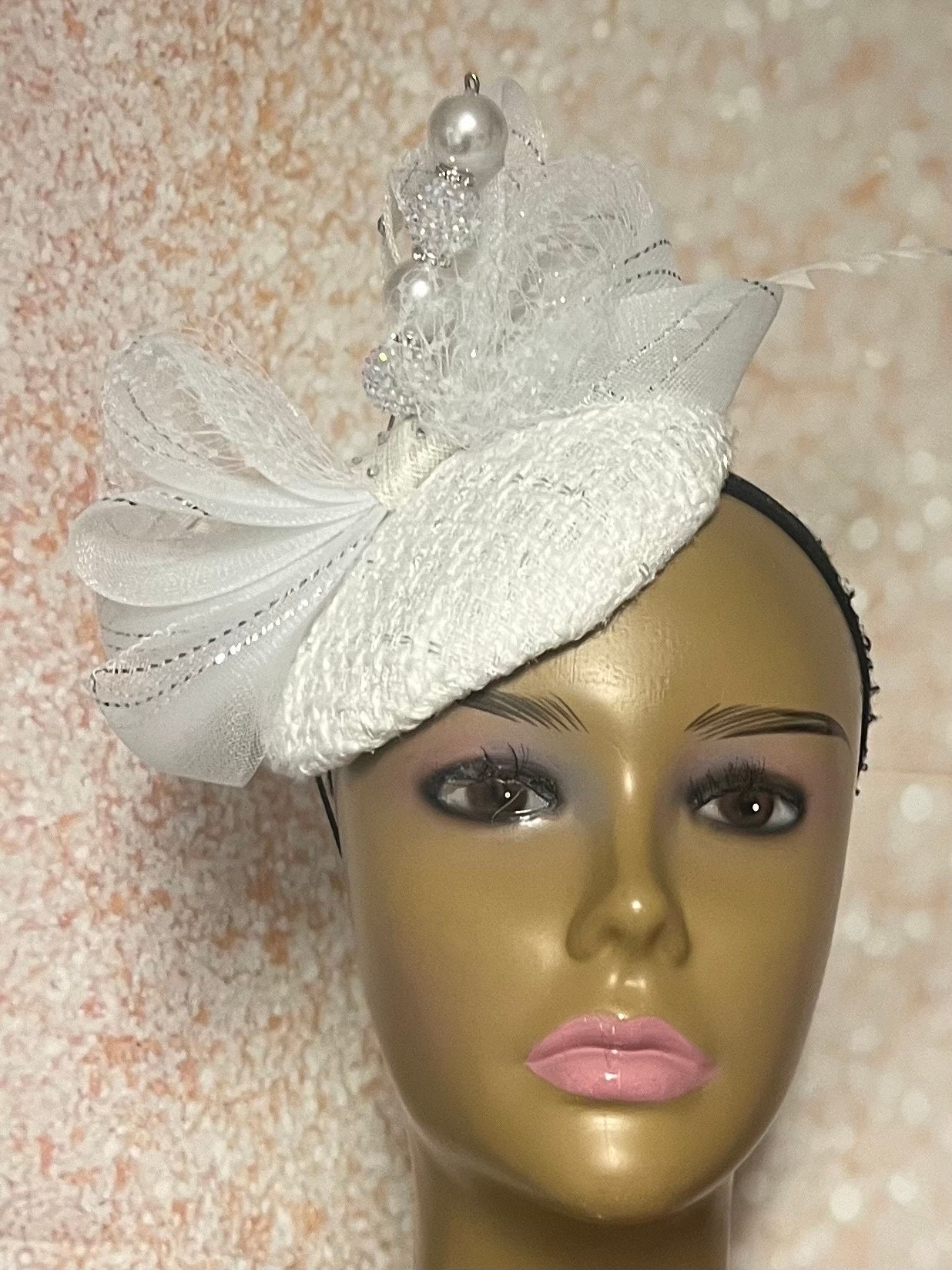 White Tweed Button Half Hat Fascinator for Weddings, Church and Special ...