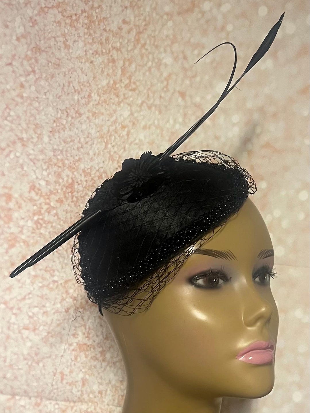 Black Beaded Satin Teardrop Fascinator | Black Half Hat for Church ...