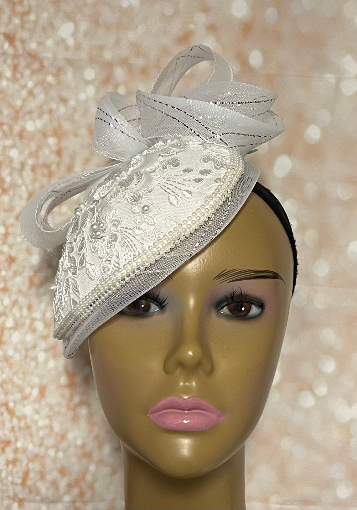 White Pearl Lace Teardrop Fascinator Half Hat Church Head - Etsy