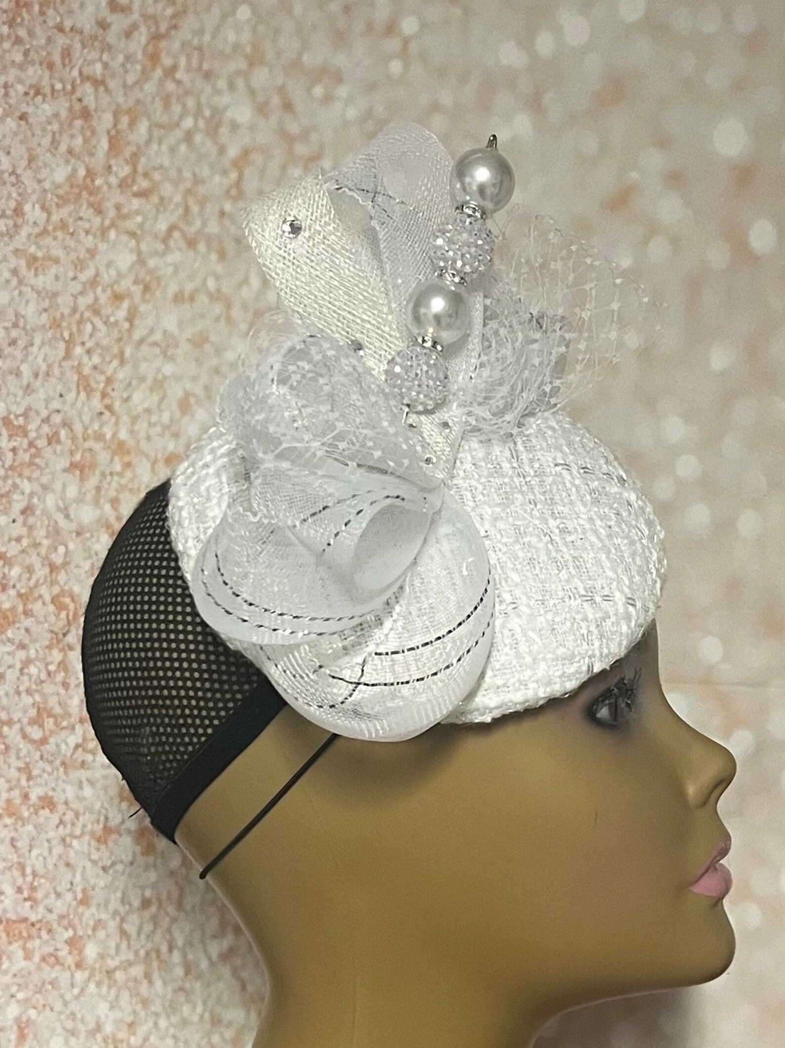 White Tweed Button Half Hat Fascinator for Weddings, Church and Special ...