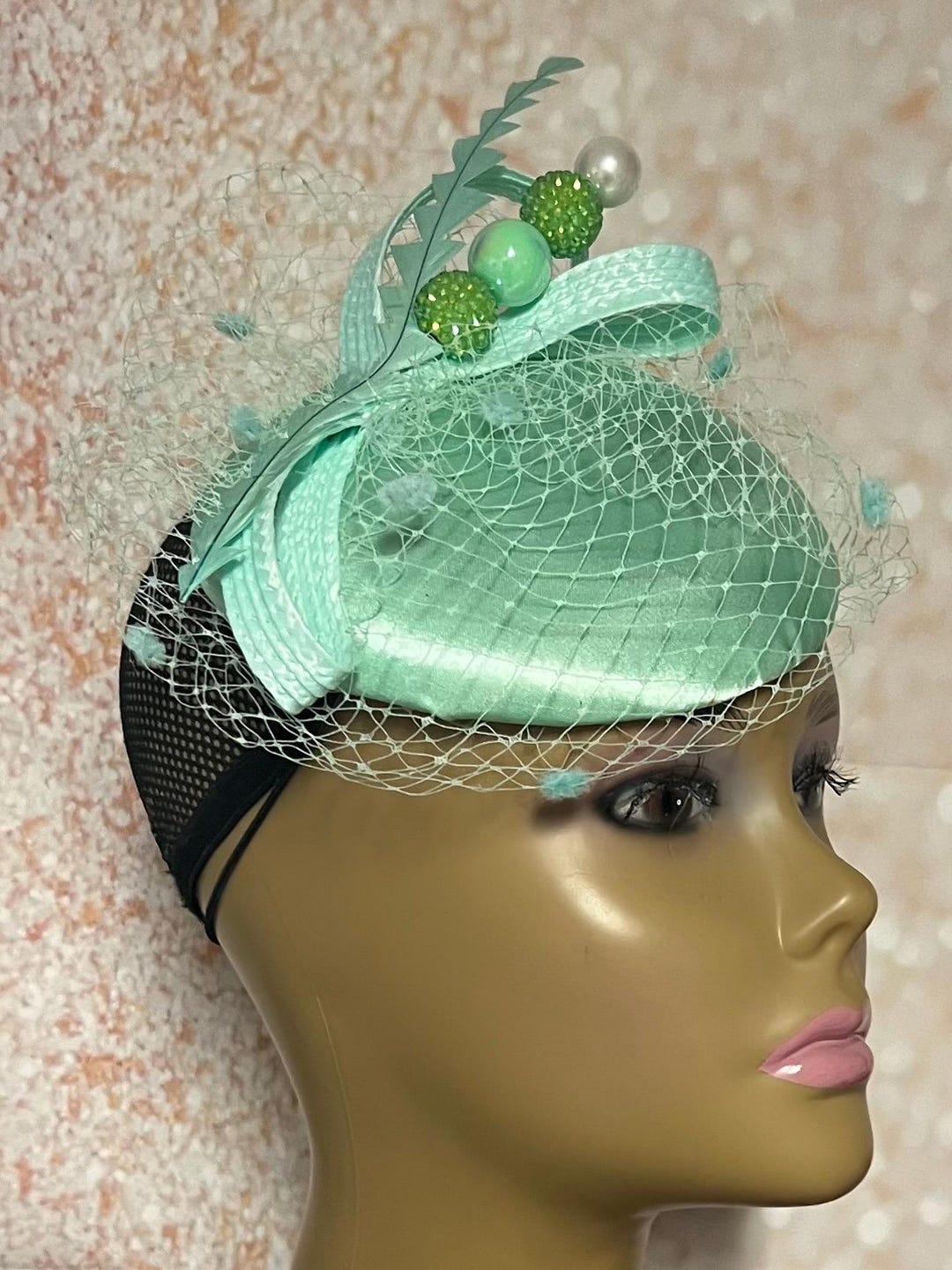 Mint Green Satin Button Pillbox Fascinator Half Hat, Church Head ...