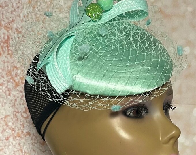 Mint Green Satin Button Pillbox Fascinator Half Hat, Church Head ...