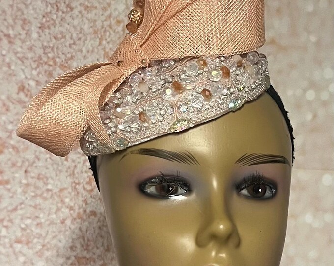 Peach Beaded Crystal Fascinator Hat, Church Head Covering, Tea Party ...