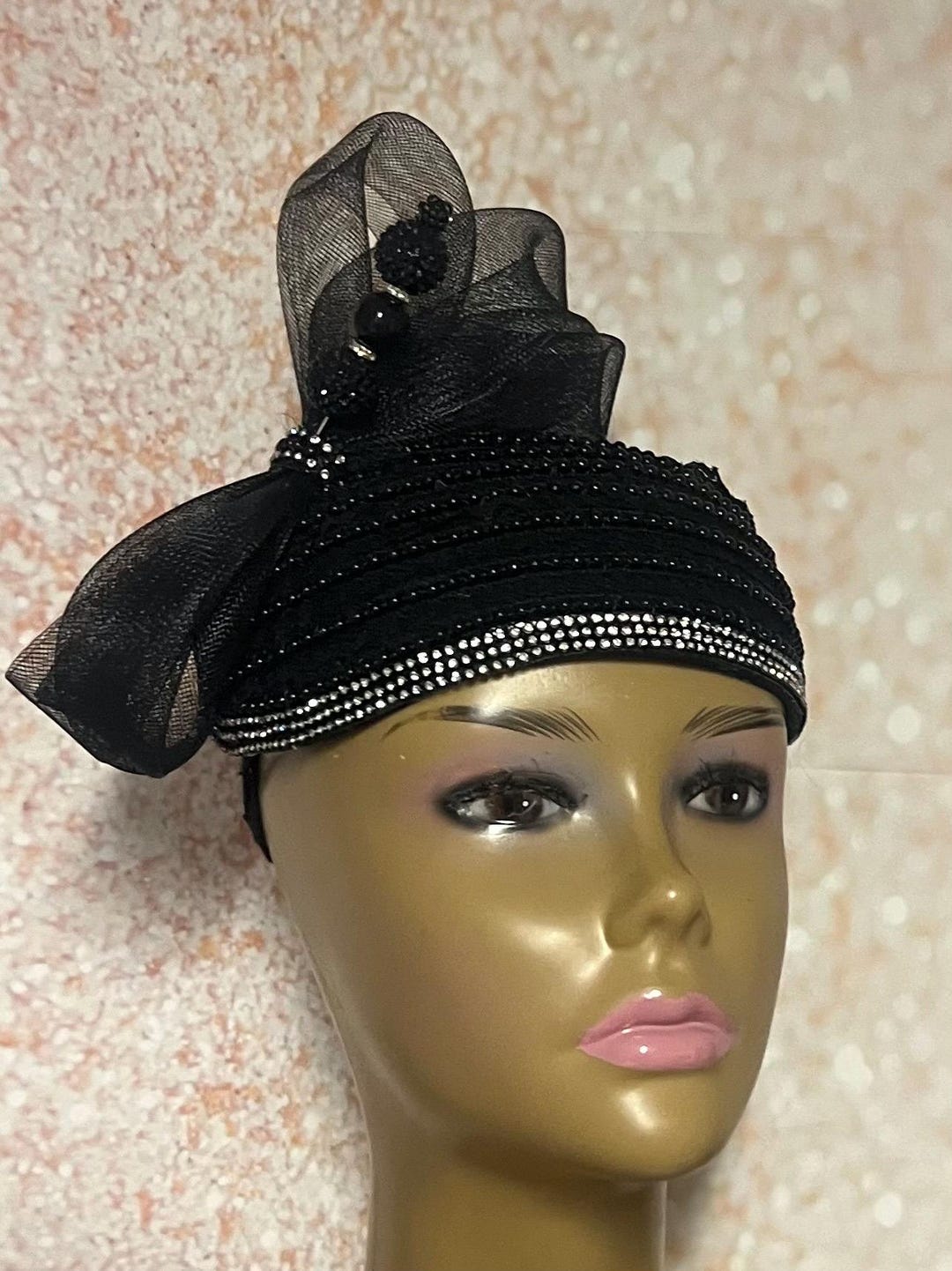 Black Lace Bead Half Hat Fascinator for Church and Special Occasion ...