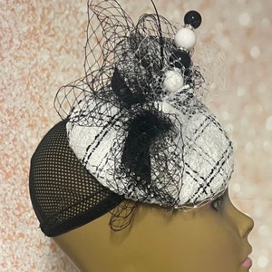 Black and White Striped Tweed Fascinator Half Hat for Church Head ...