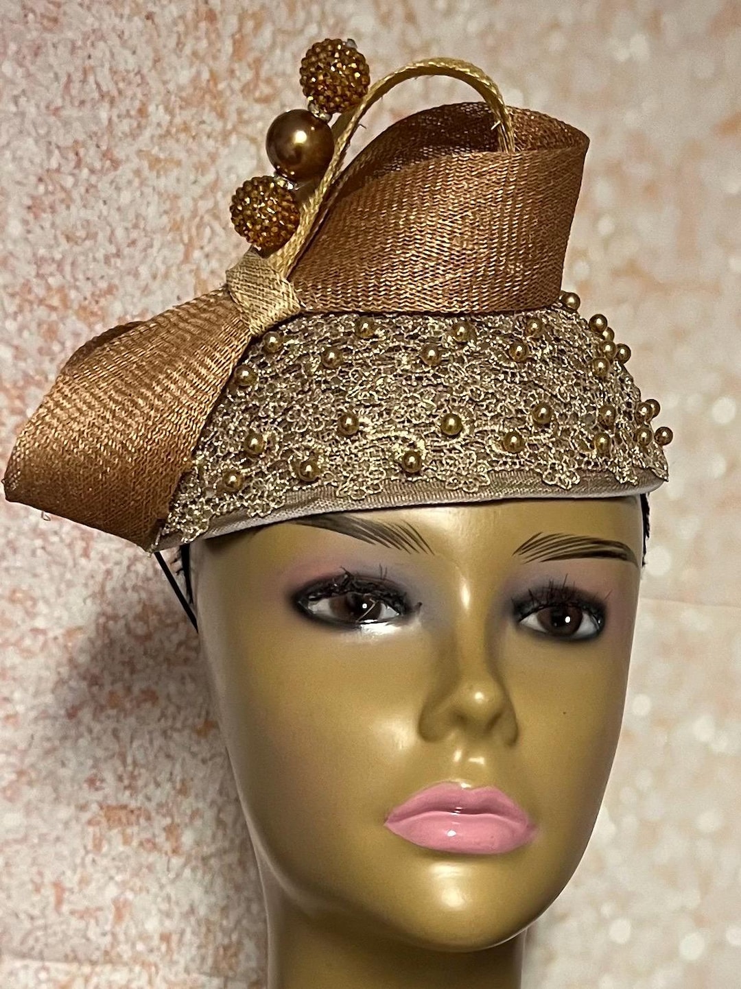 Gold Beaded Teardrop Fascinator Half Hat With Bow for Church, Tea ...