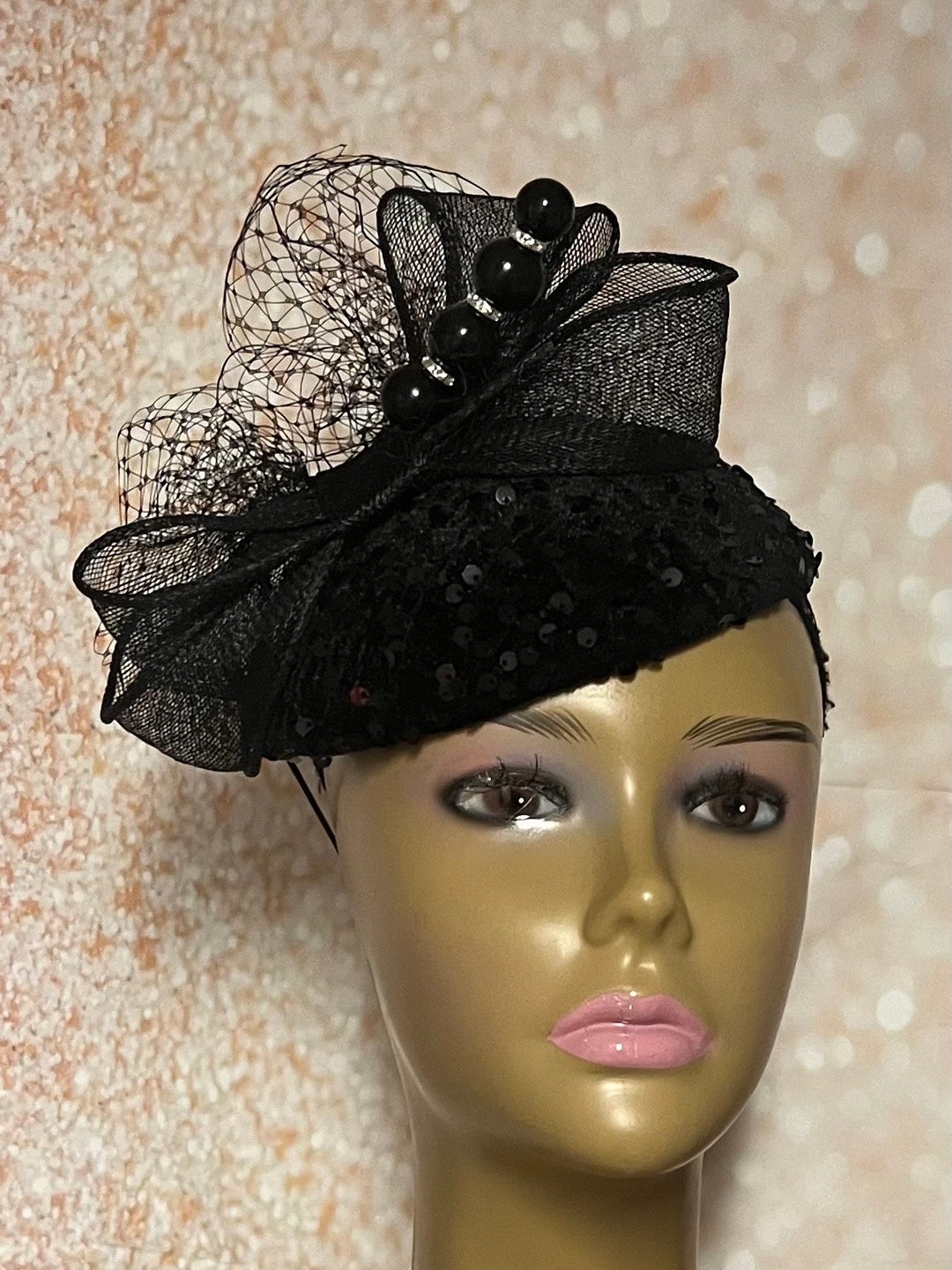 Black Sequin Fascinator Hat, Church and Wedding Headpiece - Etsy