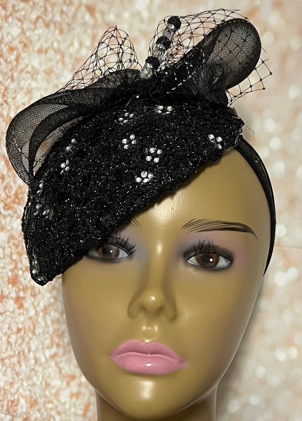 Black Sequin Lace Teardrop Rhinestone Fascinator Hatinator - Etsy