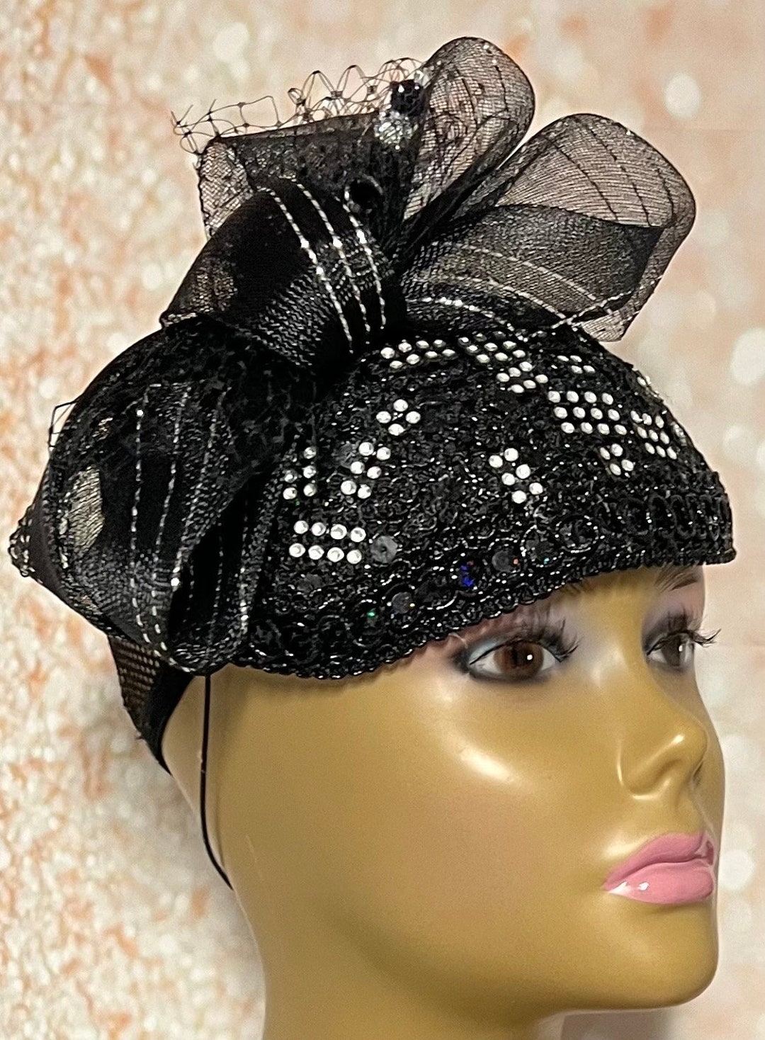 Black Sequin Lace Rhinestone Fascinator Half Hat for Church Head ...