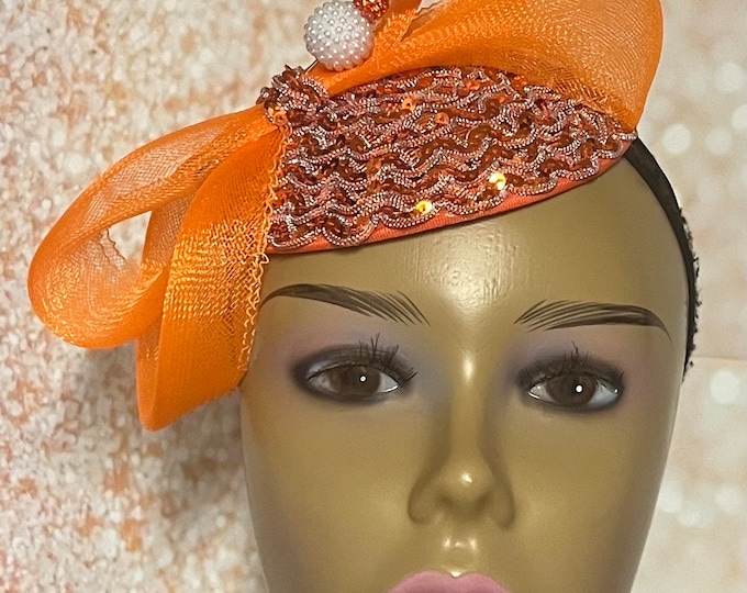 Orange Sequin Small Half Hat Fascinator for Church Head Covering ...