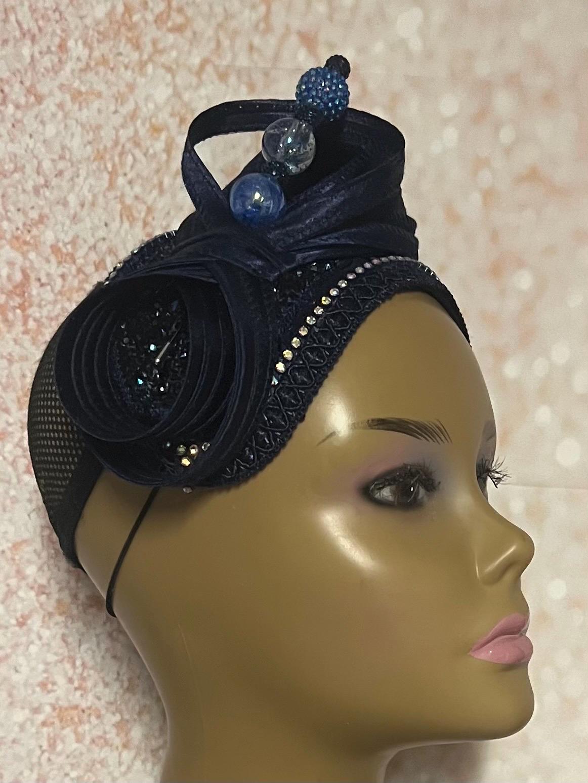 Navy Blue Beaded Crystal Headband Fascinator for Church Head Covering ...