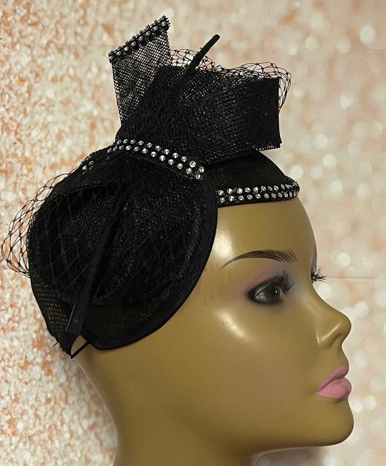 Beautiful Black Sinamay Bling Half Hat Fascinator for Weddings, Church ...