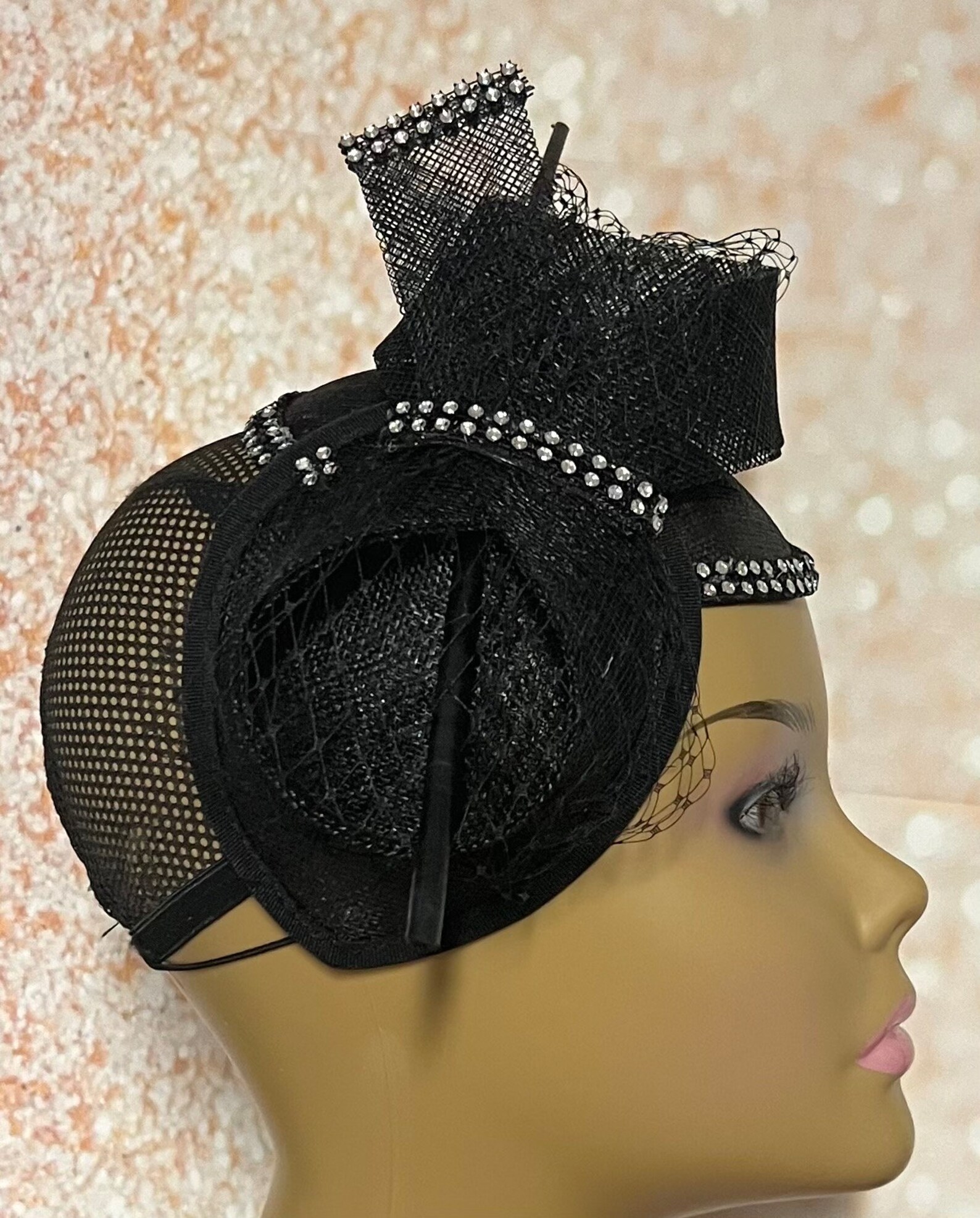 Beautiful Black Sinamay Bling Half Hat Fascinator for Weddings, Church ...