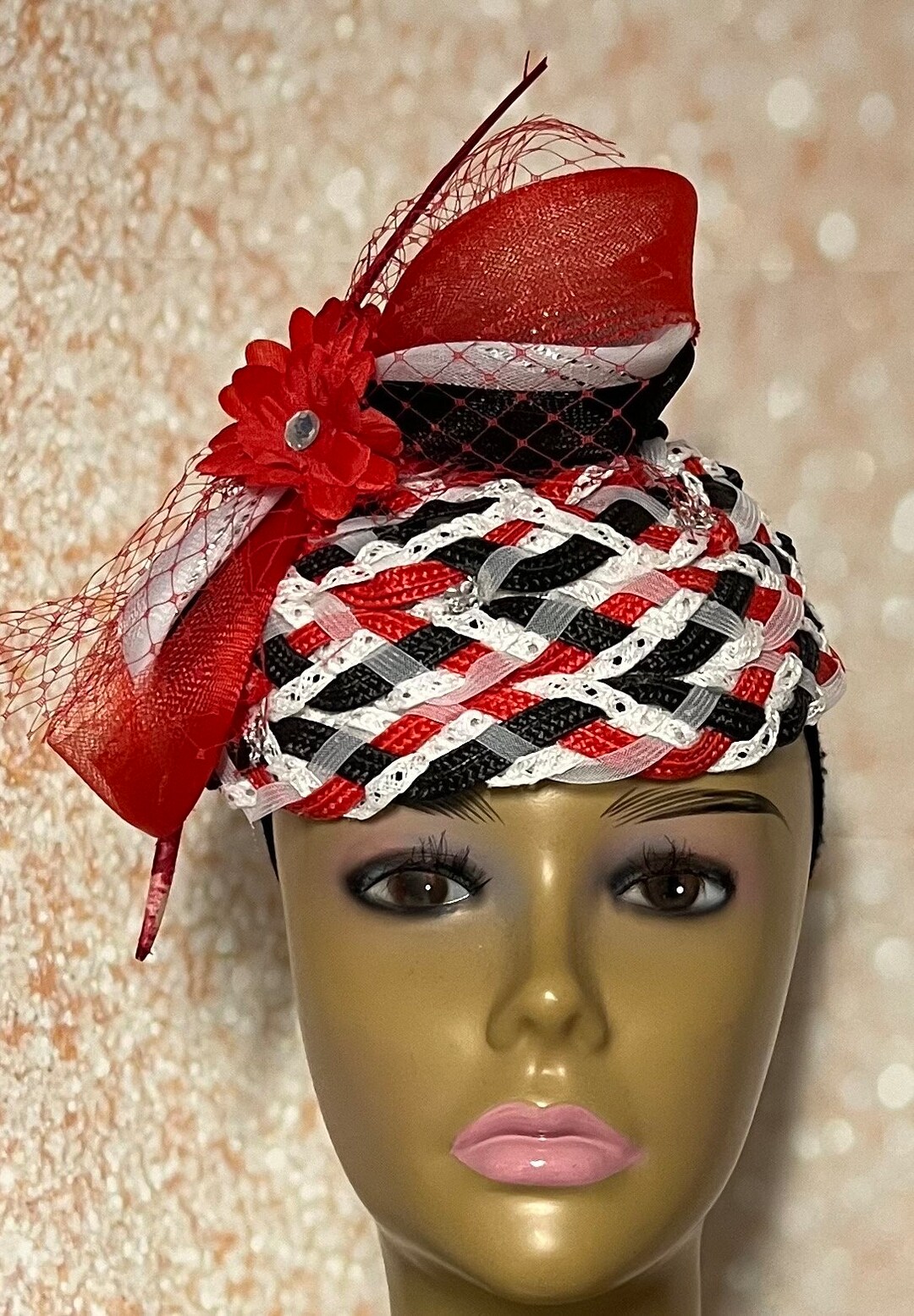 Red, Black and White Pillbox Fascinator Half Hat for Church Head ...