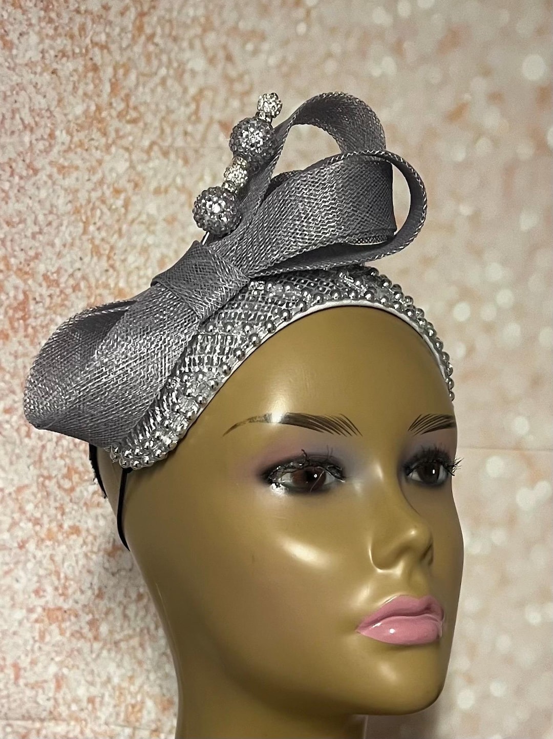 Silver Sequin Beaded Fascinator Half Hat, Church Head Covering With Bow ...
