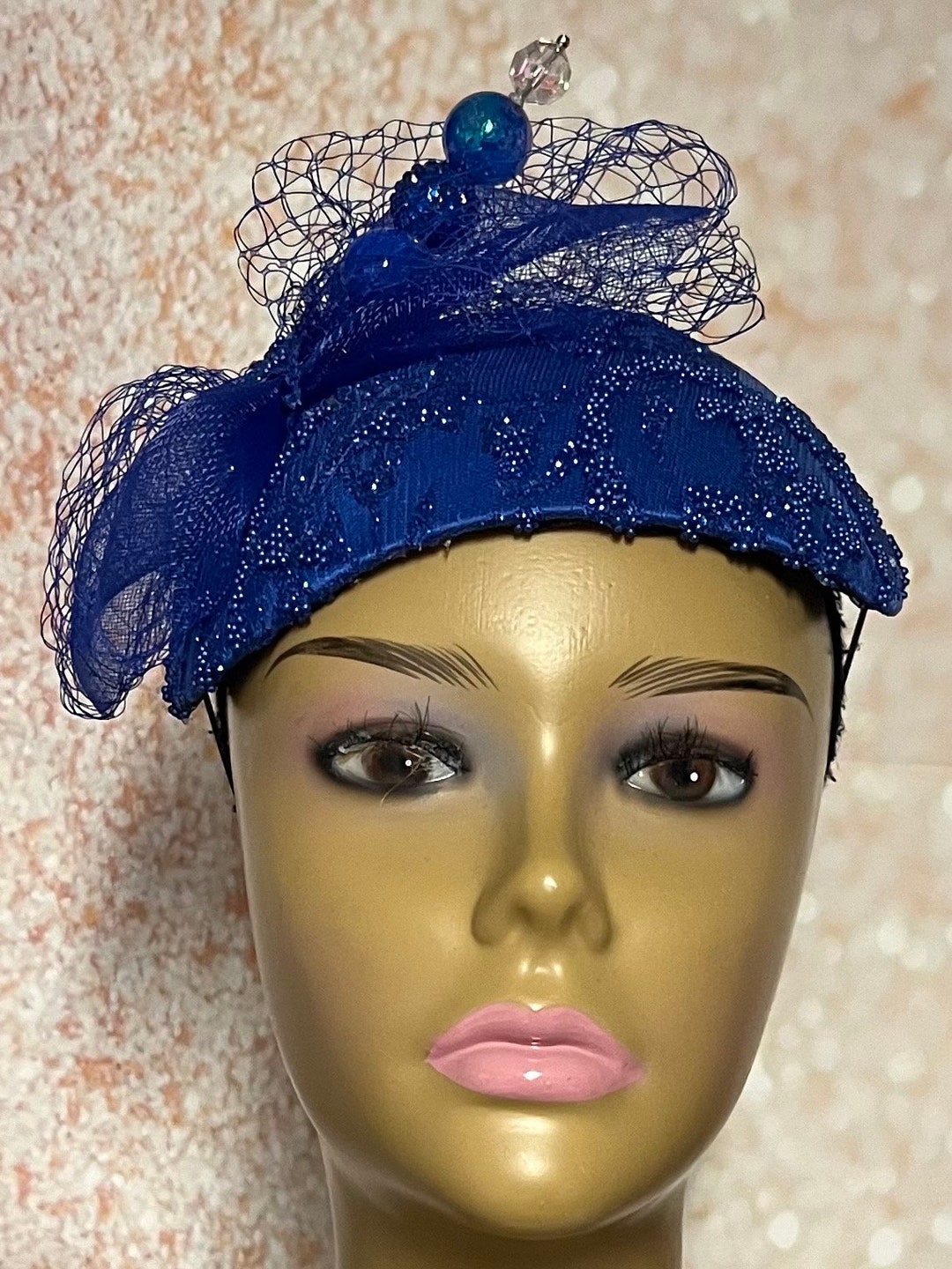 Royal Blue Beaded Lace Fascinator Half Hat for Church Head Covering ...