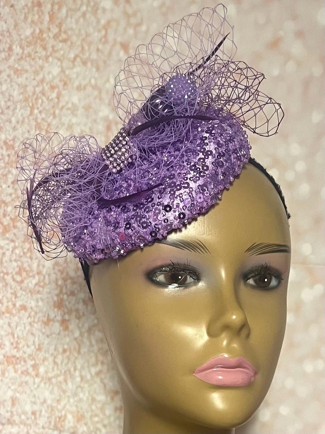 Lavender Beaded Sequin Round Button Hat for Church, Wedding, Mother of ...