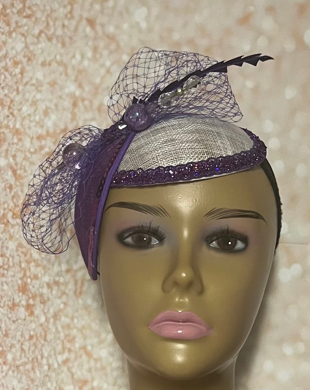 Purple and White Sinamay Fascinator Half Hat for Church, Wedding ...